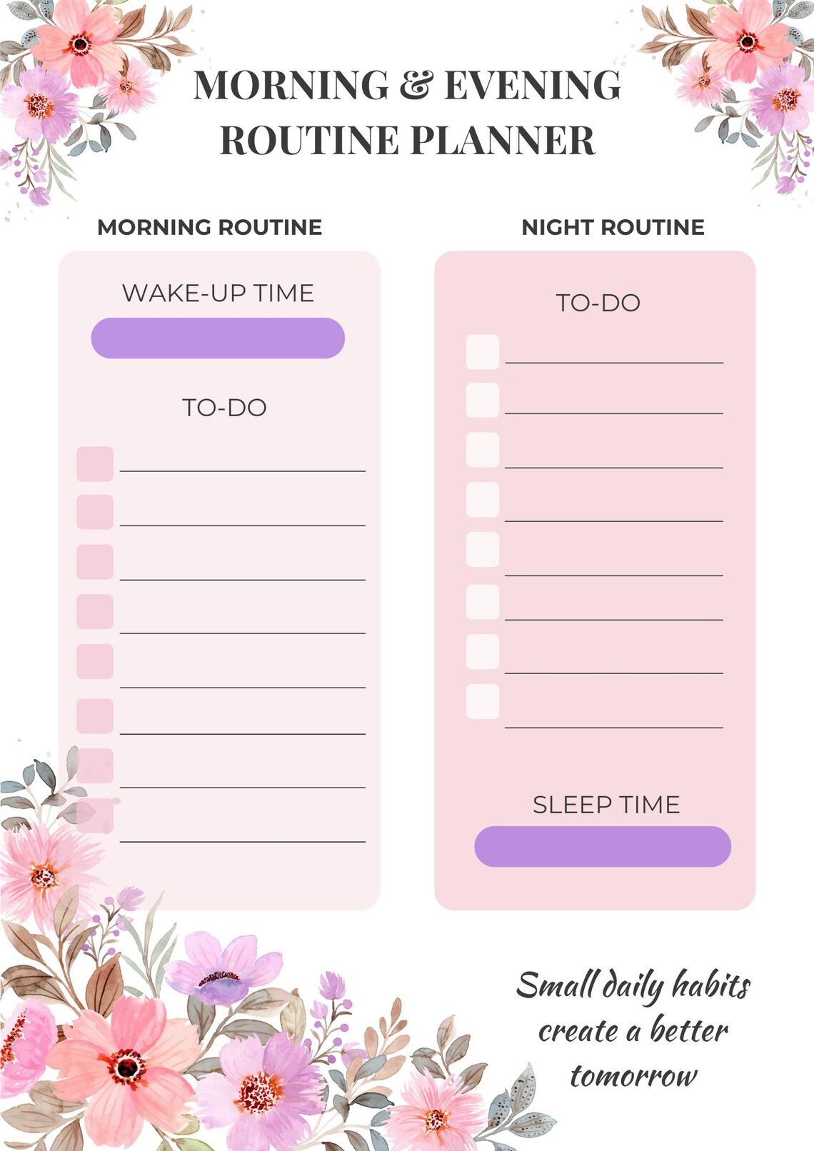 Morning & Night Routine Planner | Floral Watercolor Habit Tracker | PDF ...