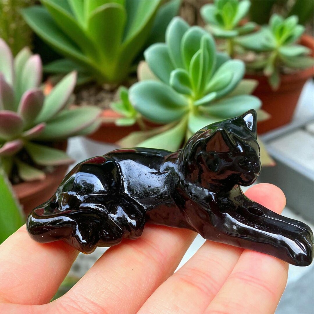 3.2'' Natural Obsidian Cat Figurine – Hand Carved Crystal Cat, Healing ...