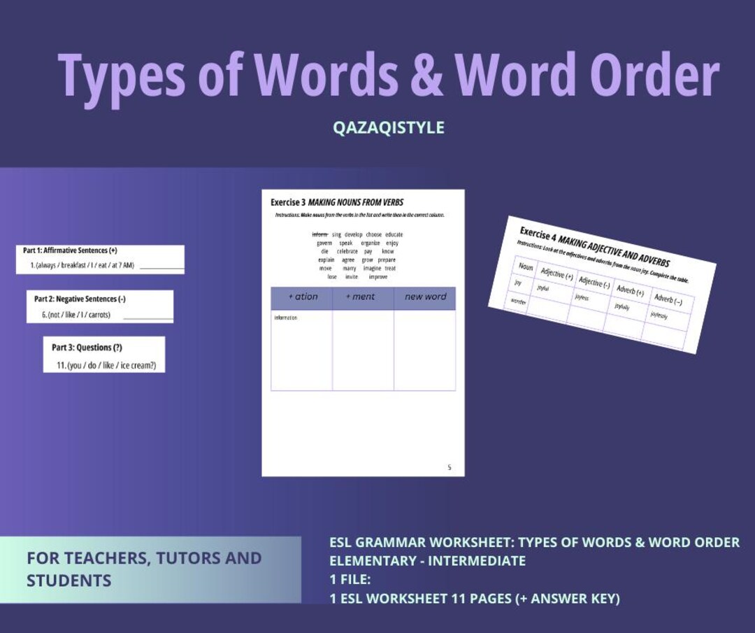 ESL Types of Words and Word Order English Printable - Etsy