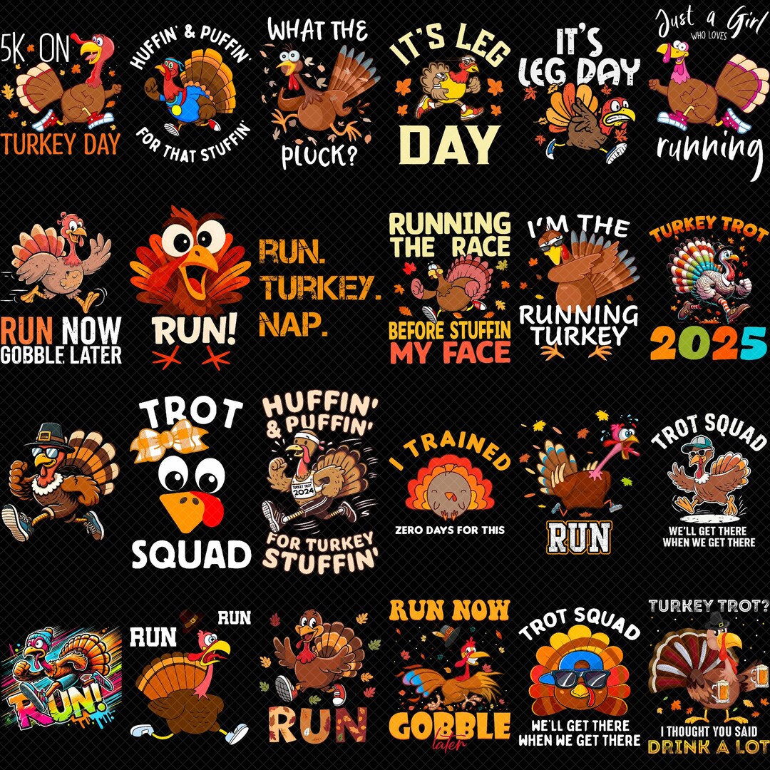 Thanksgiving Turkey Running Bundle PNG, Funny Turkey Trot Designs ...