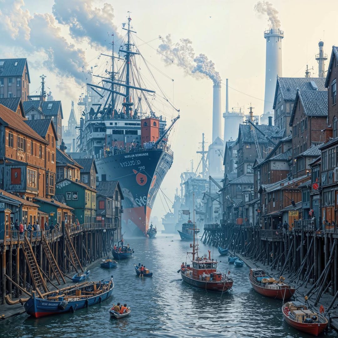 Steampunk Harbor Painting: Leviathan Waterway, Industrial Cityscape ...