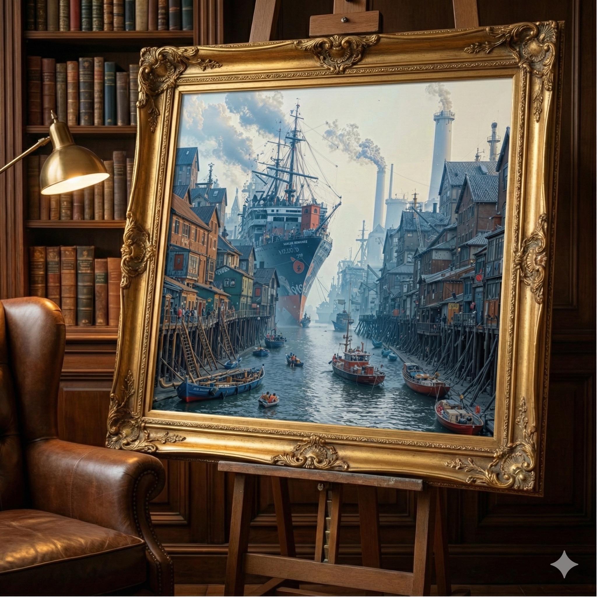 Steampunk Harbor Painting: Leviathan Waterway, Industrial Cityscape ...
