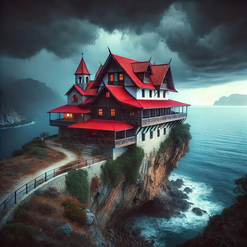 Crimson Cliff Manor, Fantasy House on the Edge of the Sea, AI Art ...