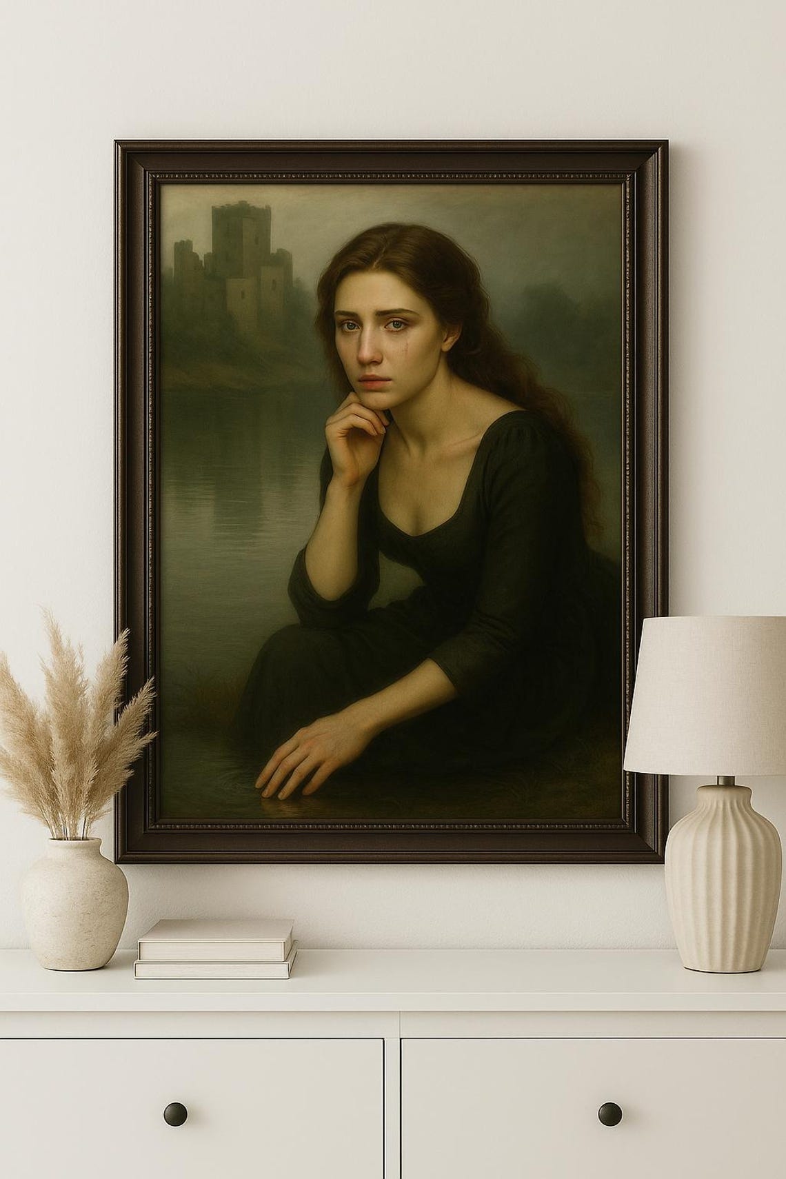 Melancholic Gothic Portrait, AI Art Print, Lakeside Castle, Digital ...
