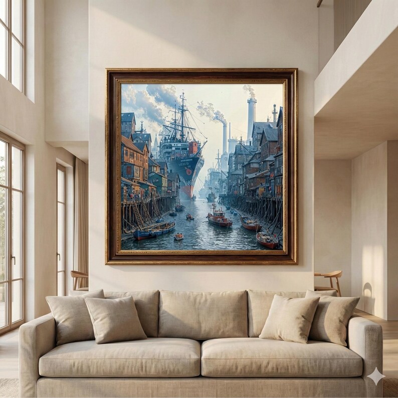 Steampunk Harbor Painting: Leviathan Waterway, Industrial Cityscape ...
