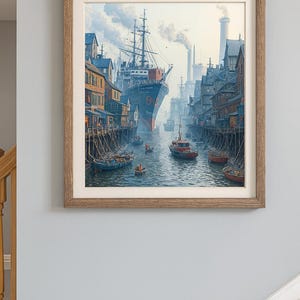 Steampunk Harbor Painting: Leviathan Waterway, Industrial Cityscape ...