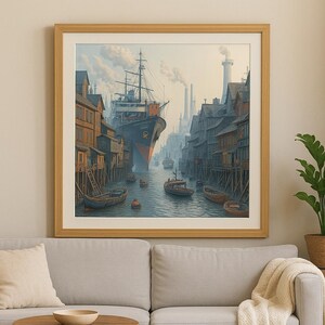 Steampunk Harbor Painting: Leviathan Waterway, Industrial Cityscape ...