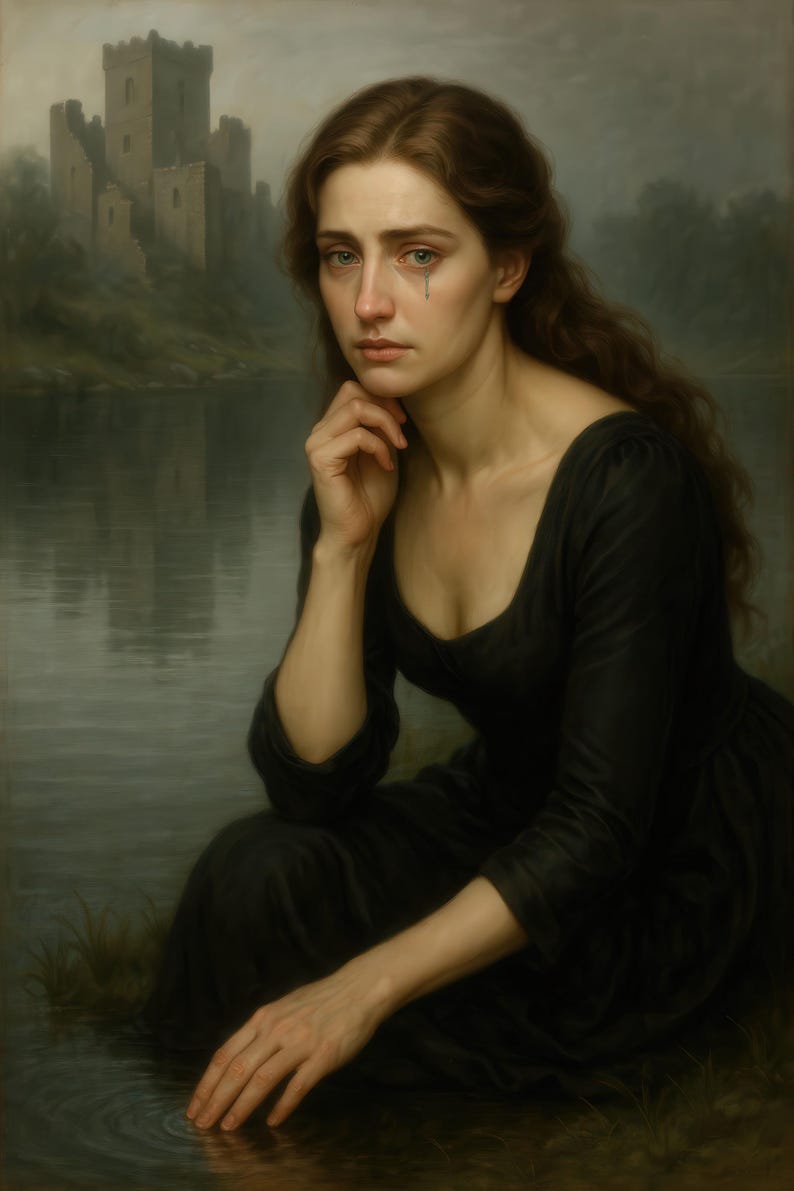 Melancholic Gothic Portrait, AI Art Print, Lakeside Castle, Digital ...