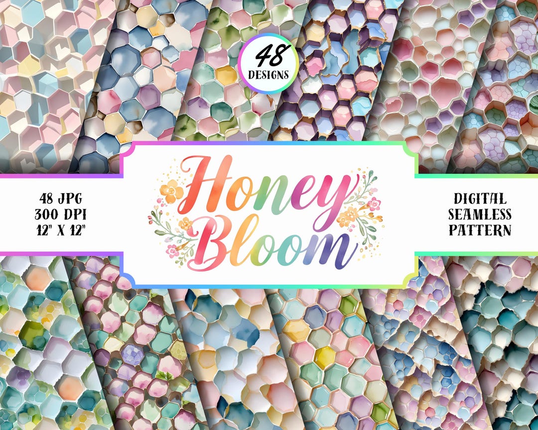 Honeycomb Digital Paper: 48 Pastel Watercolor Hexagon Patterns (digital ...