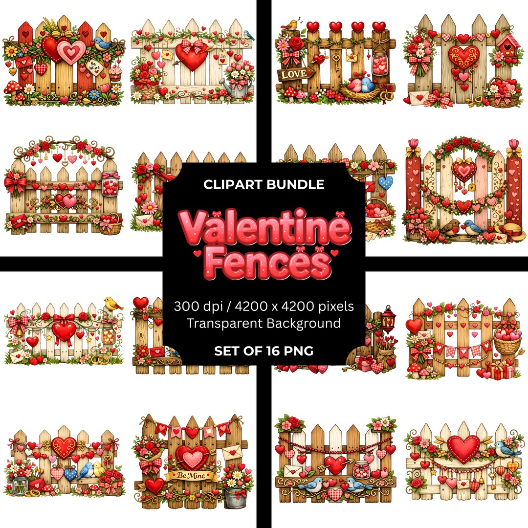 Valentine Fence Clipart Bundle | 16 Romantic Fence Pngs | 300 DPI ...
