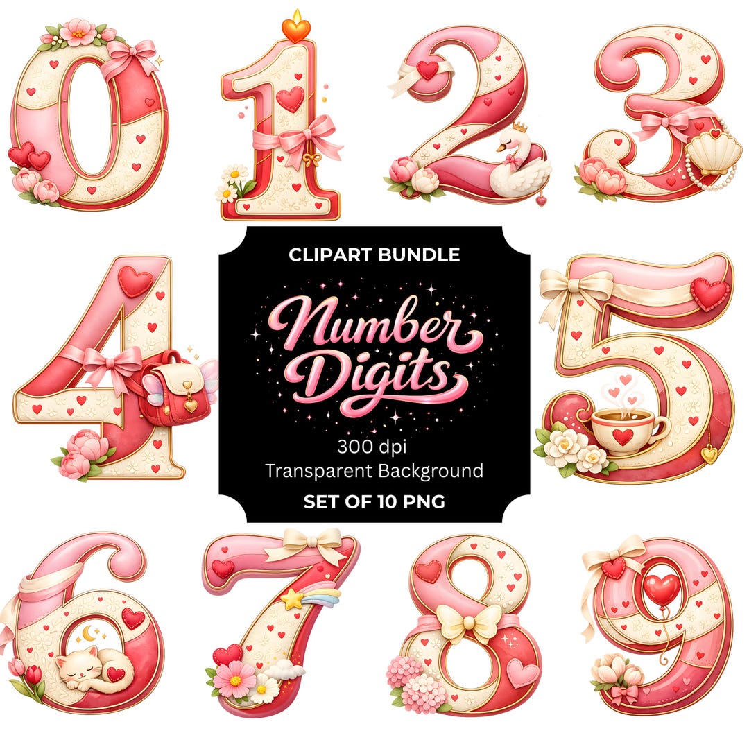 Valentine Number Clipart | Pink Floral Digits 0-9 (PNG Digital Download ...