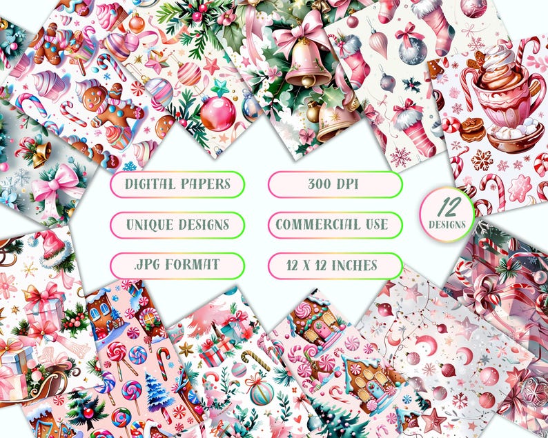Pink Christmas Digital Paper Pack: Seamless Holiday Patterns (12 JPG ...