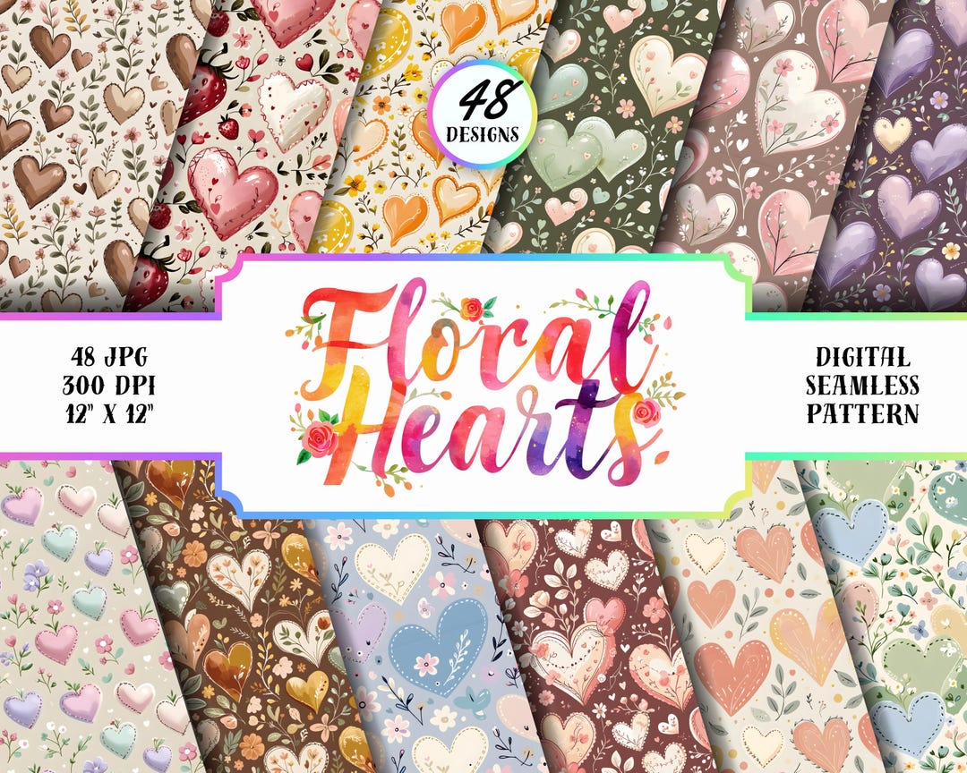 Floral Heart Digital Paper Pack | Seamless Valentine's Patterns ...