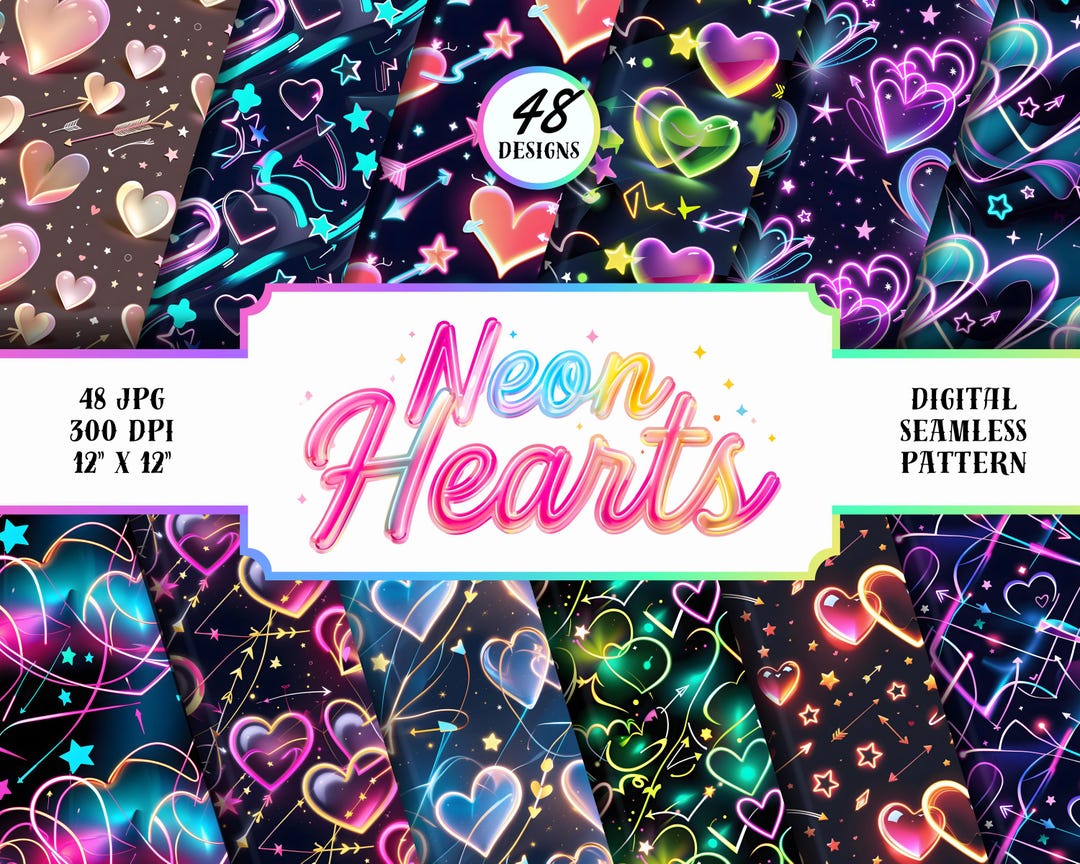 Neon Hearts Digital Paper: Seamless Glowing Patterns (digital Download ...