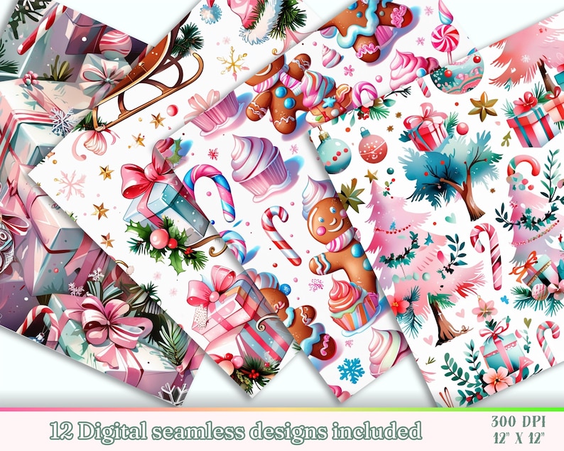 Pink Christmas Digital Paper Pack: Seamless Holiday Patterns (12 JPG ...