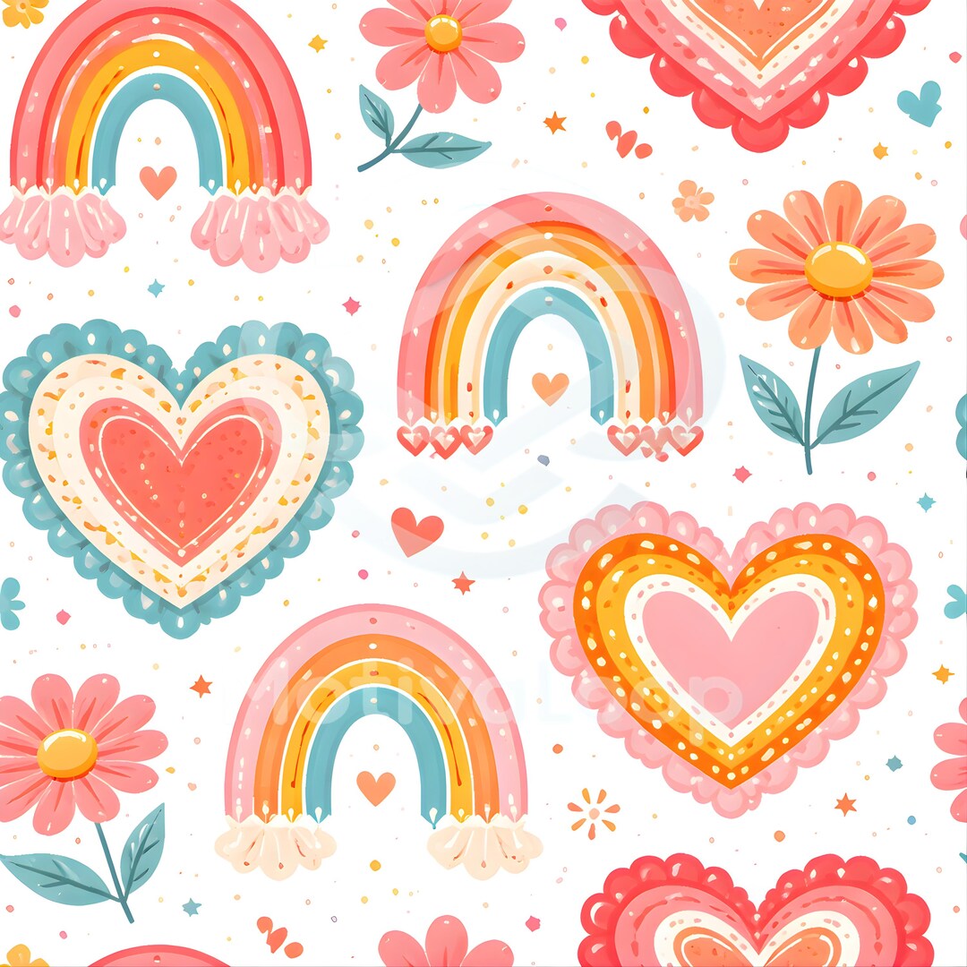 Boho Rainbow Heart Seamless Pattern | Cute Valentine Digital Paper ...