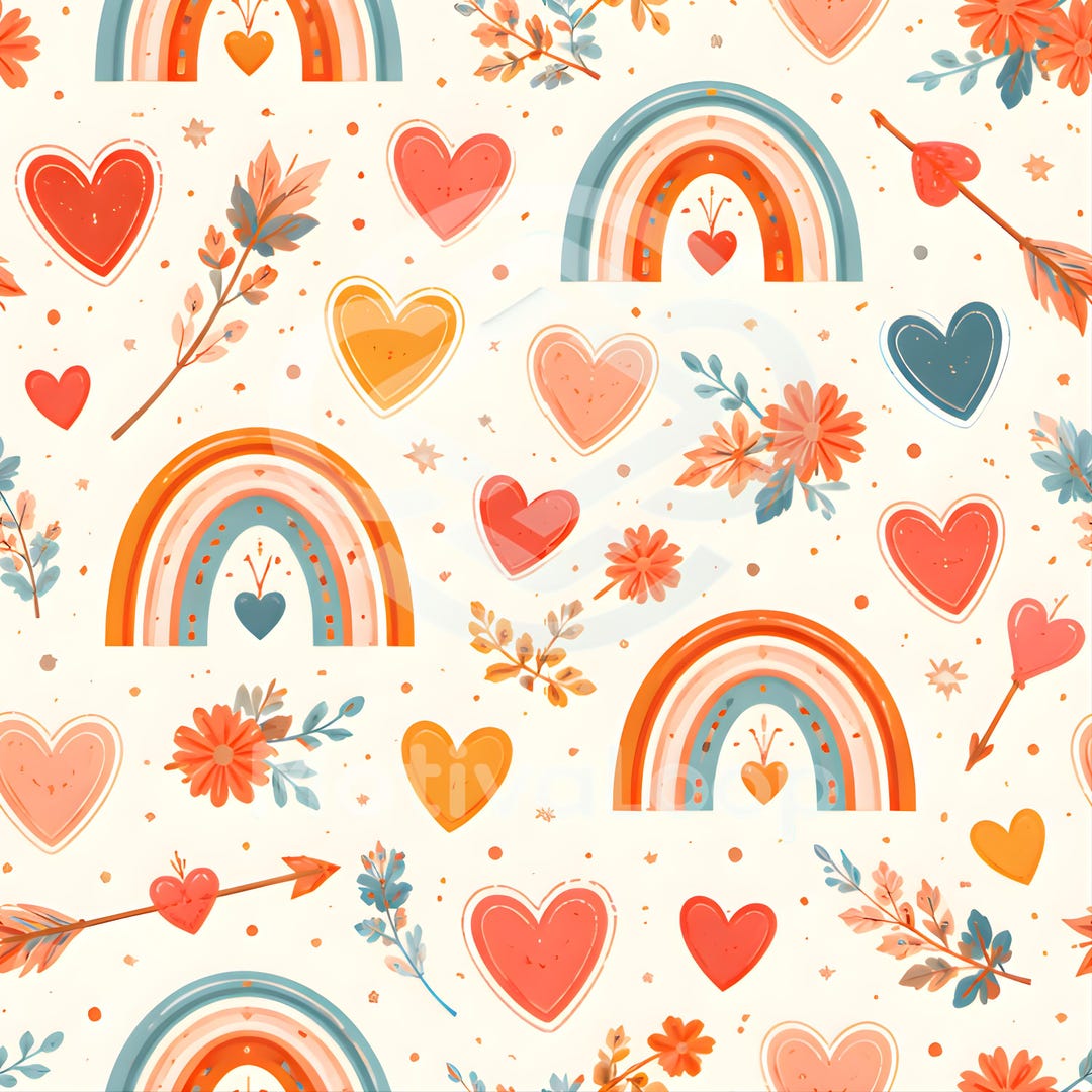 Boho Rainbow Heart Seamless Pattern | Cute Valentine Digital Paper ...