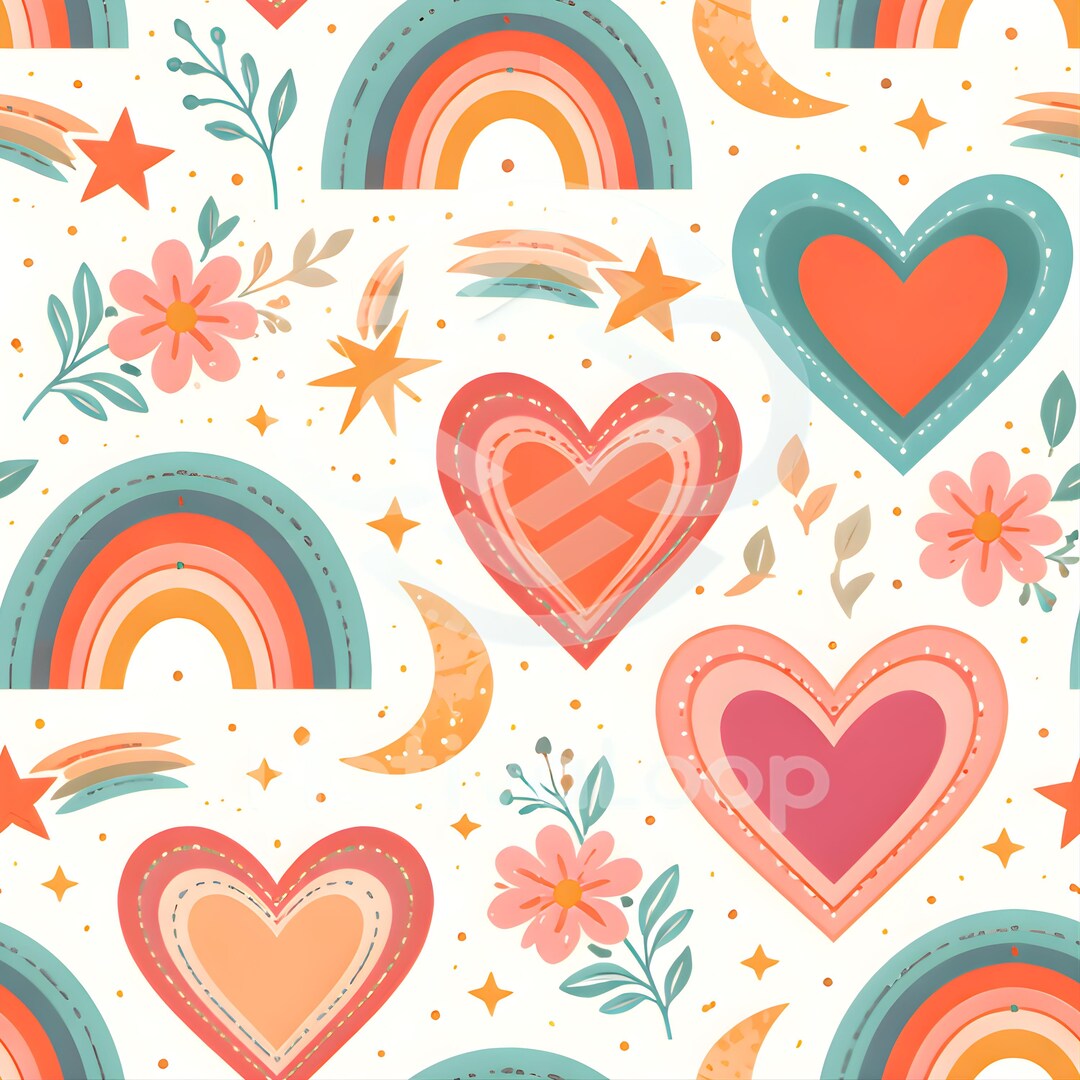 Boho Rainbow & Heart Seamless Pattern – 12x12" Digital Paper JPG ...
