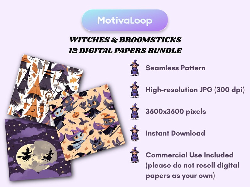 Witches & Broomsticks Halloween Seamless Pattern Bundle: Witchcraft ...