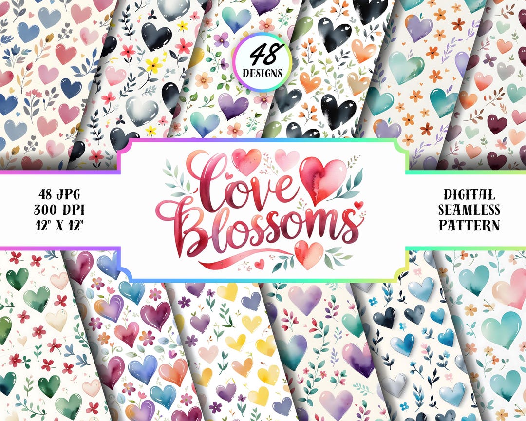 Watercolor Heart Floral Pattern Bundle – 48 Valentine’s Day Digital ...