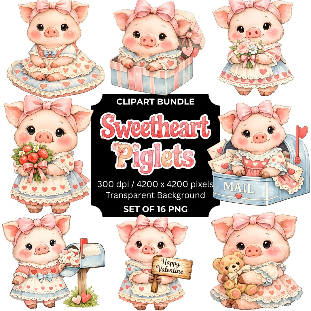 Sweetheart Piglets Clipart Bundle | Cute Valentine Pig Pngs | 16 High ...