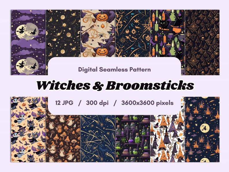 Witches & Broomsticks Halloween Seamless Pattern Bundle: Witchcraft ...