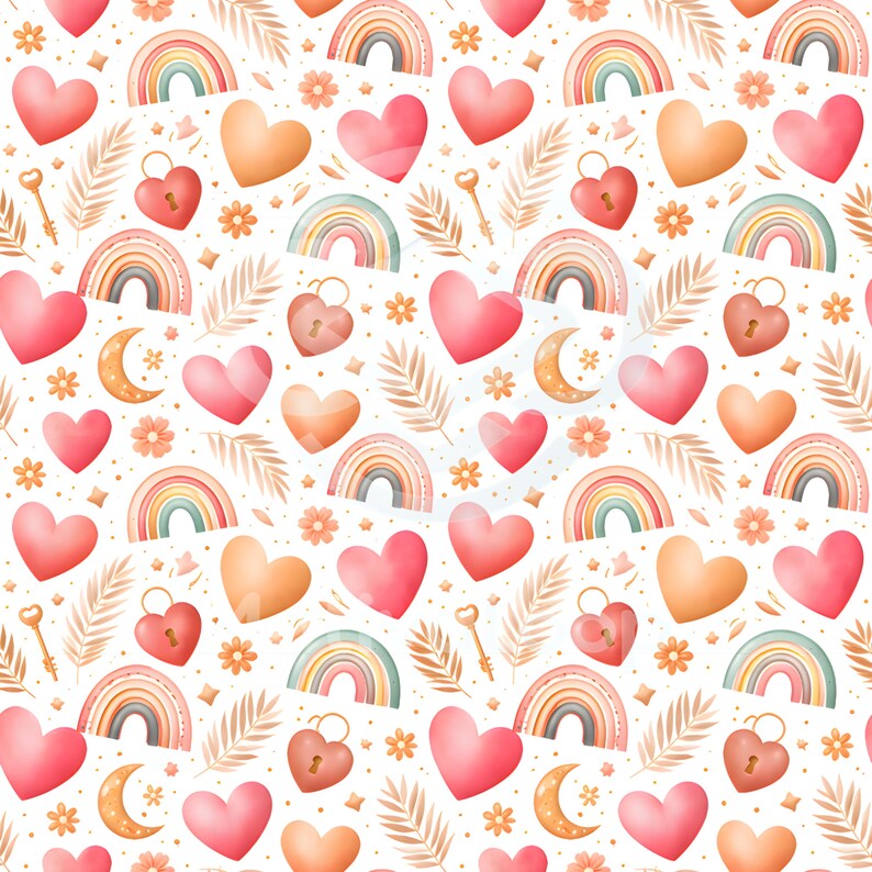 Boho Rainbow Heart Seamless Pattern | Pastel Valentine Digital Paper ...