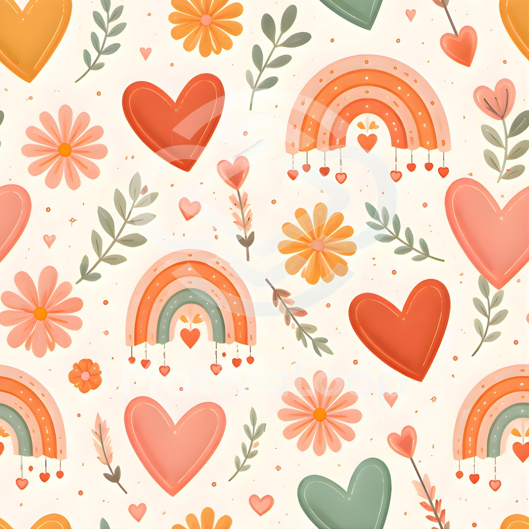 Boho Rainbow & Heart Seamless Pattern – 12x12" JPG Digital Paper ...