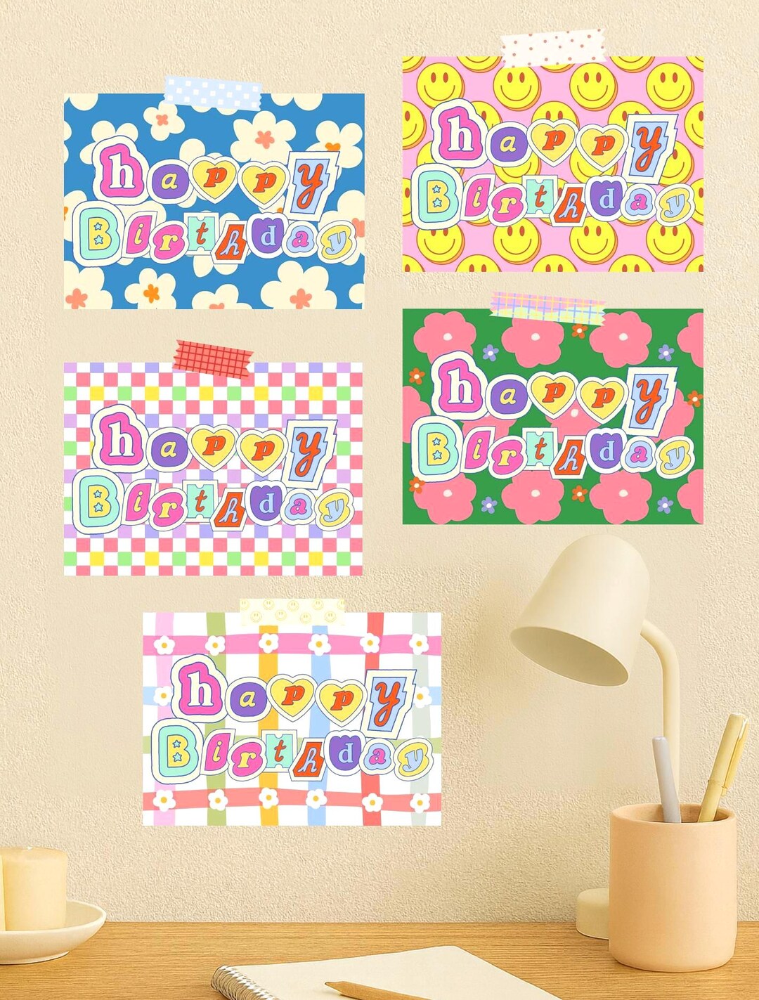 Happy Birthday Digital Prints Set of 5 | Retro Groovy Printable Wall ...