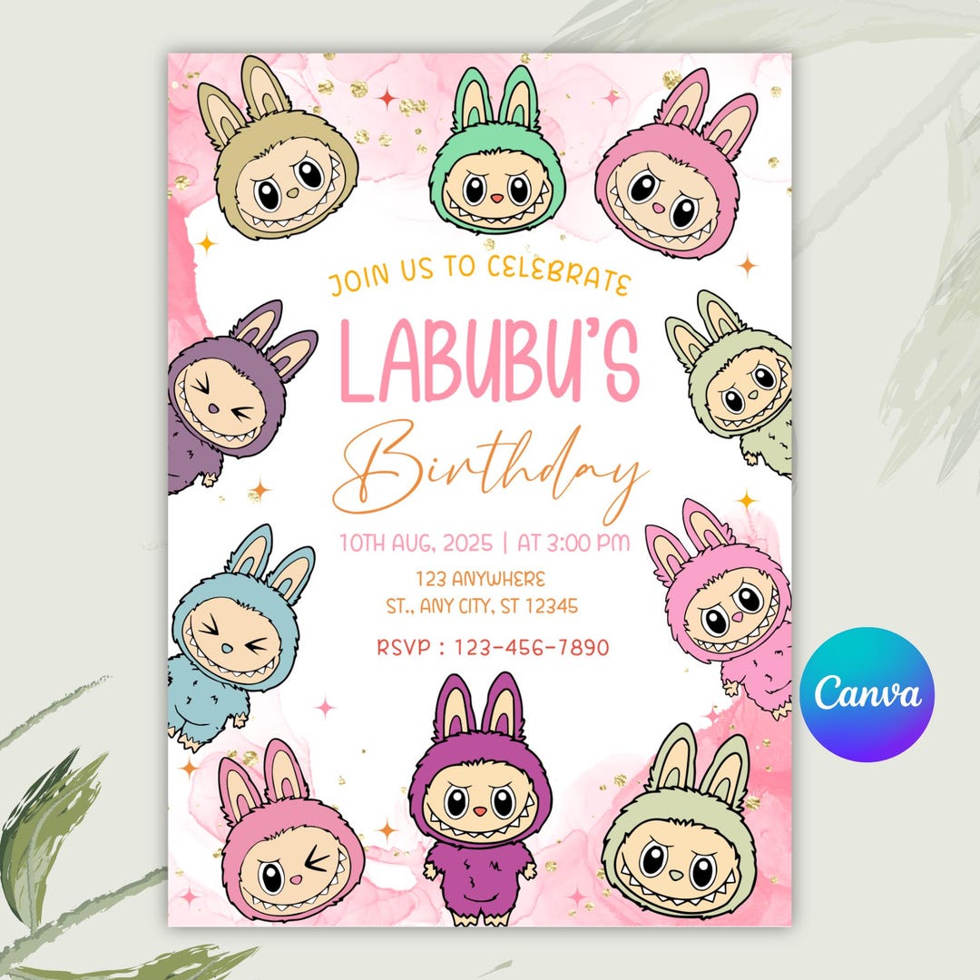 Labubu Birthday Invitation: Editable Party Invite, Canva Template ...