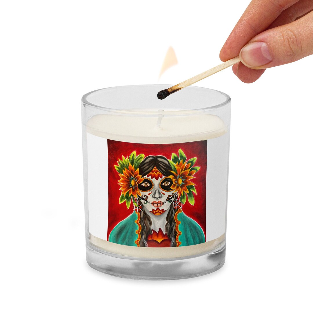 Day of the Dead Candle, Dia De Los Muertos Candle, Red Candle, Glass ...