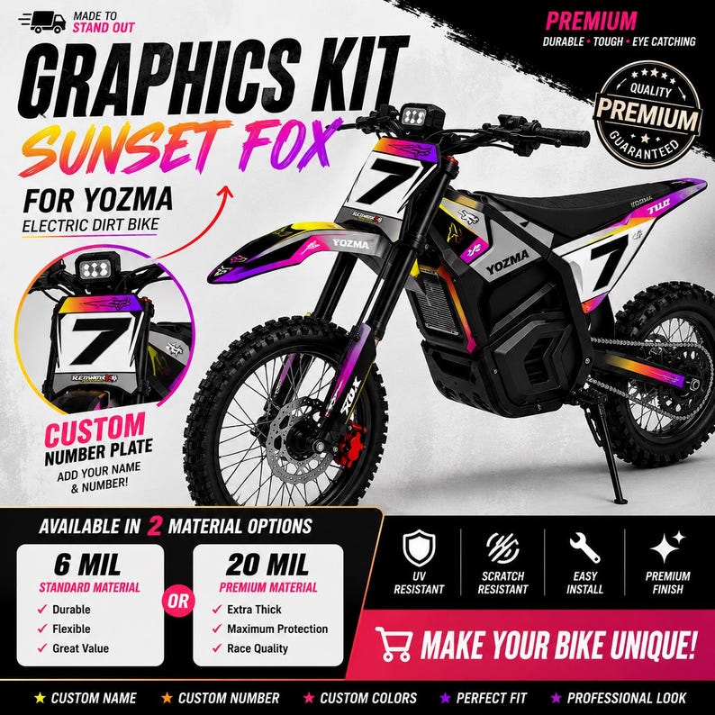 Yozma Electric Dirt Bike Graphics Kit | Custom Sunset Fox Vinyl Wrap ...