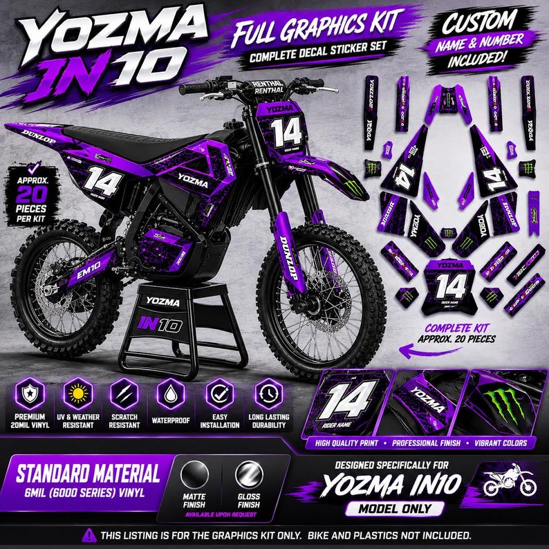 YOZMA IN10 Dirt Bike Graphics Kit | Custom Name & Number Decals (20 ...