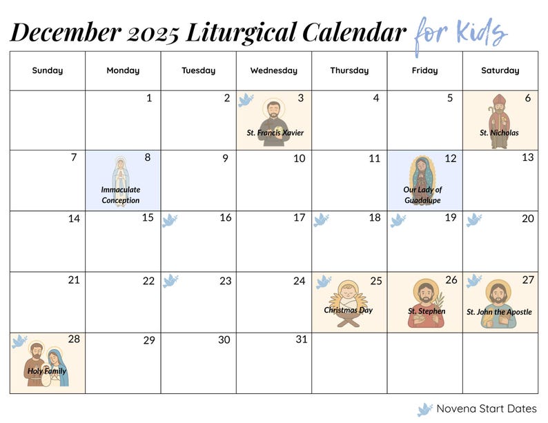 December Liturgical Calendar for Kids + Novena Prayers | Catholic ...