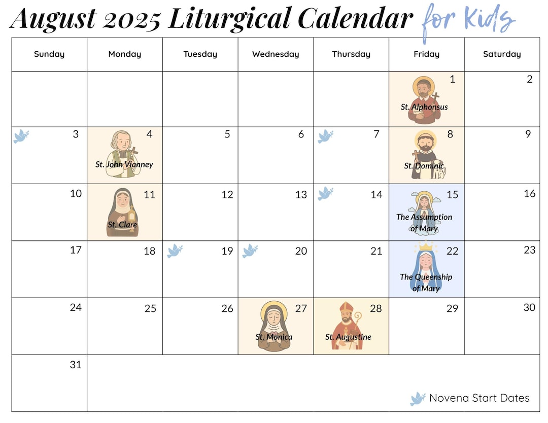 August Liturgical Calendar for Kids + Novena Prayers | Catholic ...