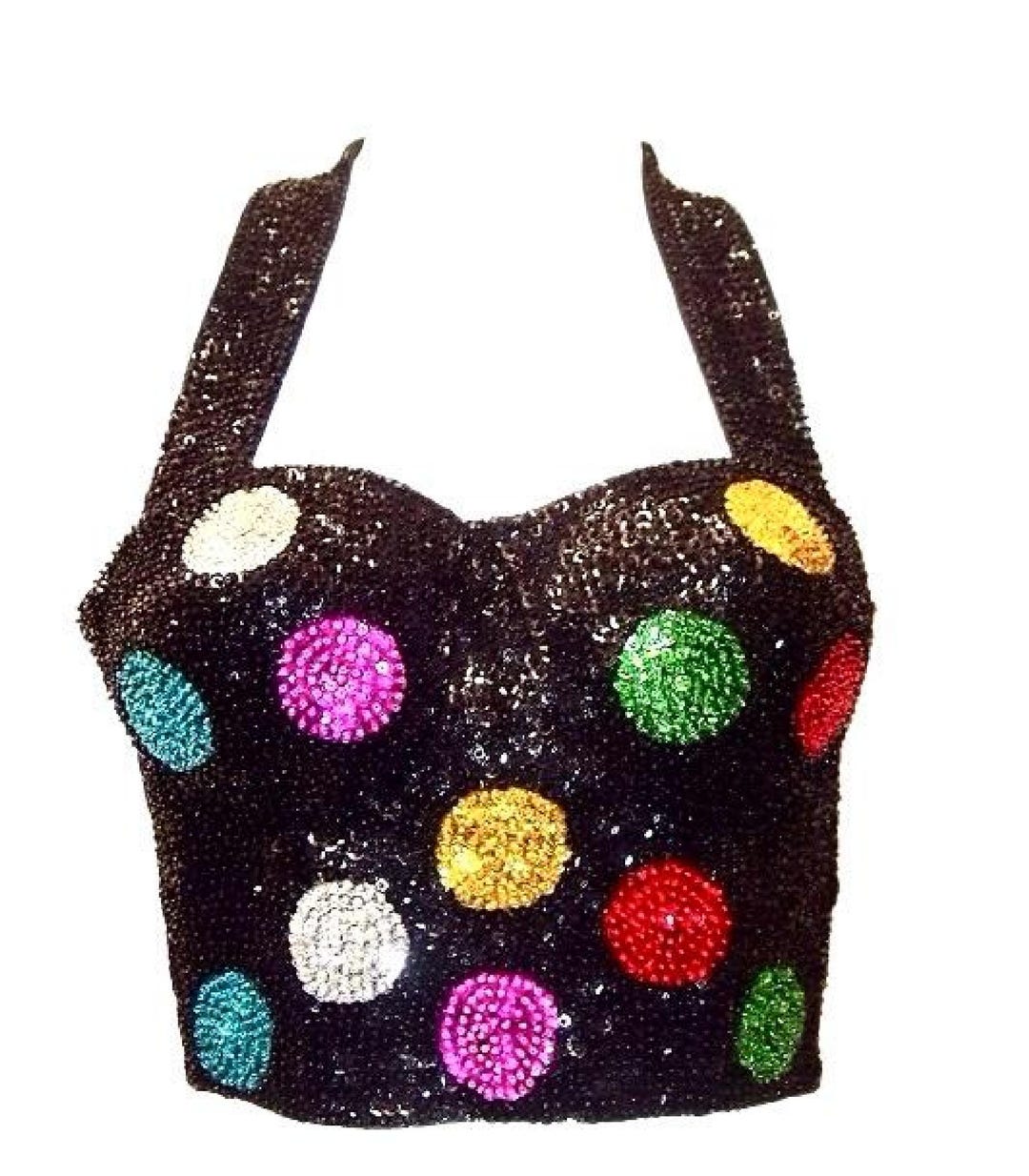 Sequin Bustier Halter Top Black Mesh With Multicolor Dots Adjustable ...