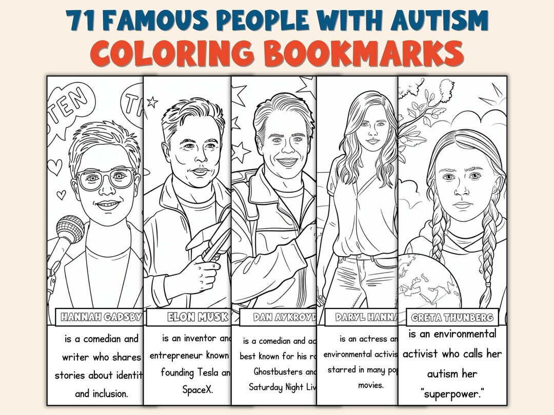 71 Famous People With Autism Coloring Bookmarks | Autism Awareness ...