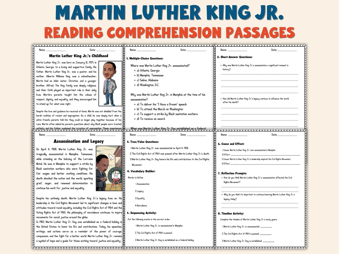 Martin Luther King Jr. Reading Comprehension Passages & Activities ...