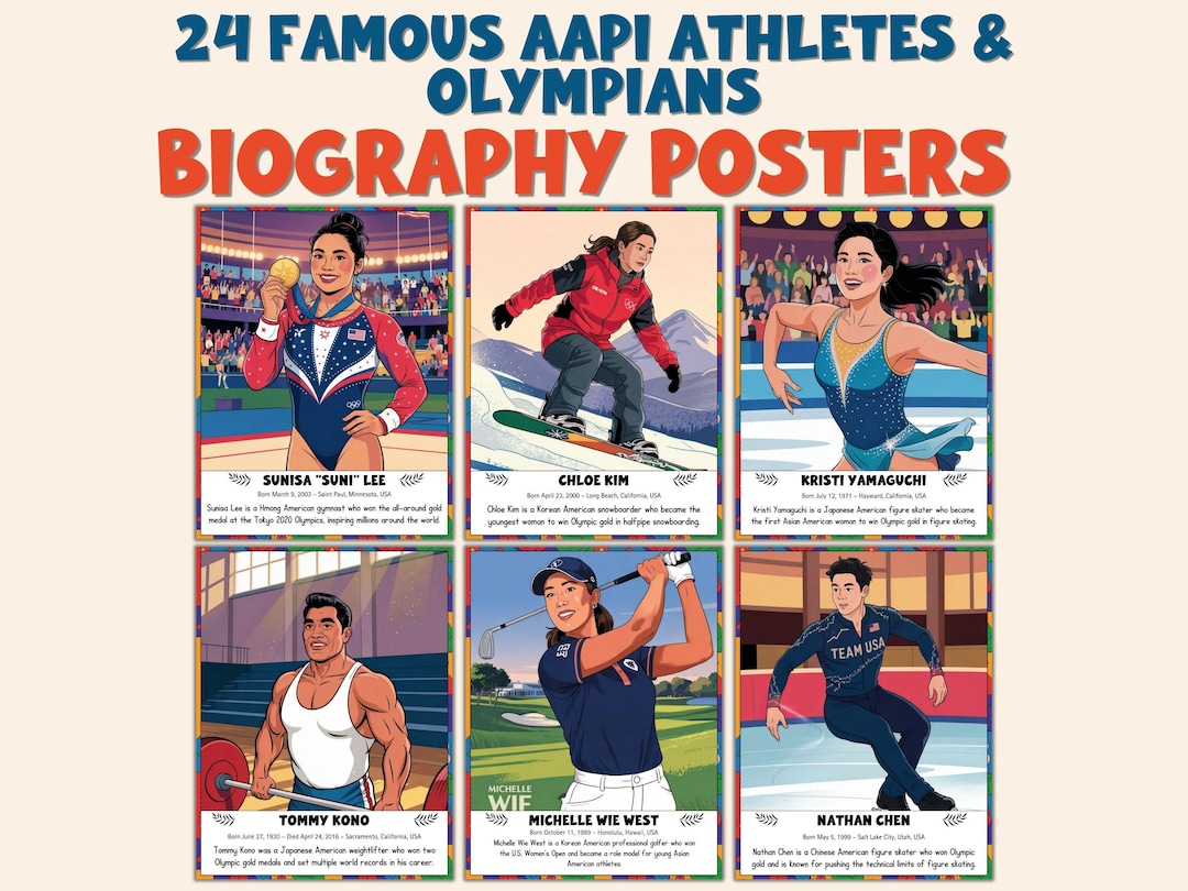 24 Famous AAPI Athletes & Olympians Biography Posters | Asian American ...
