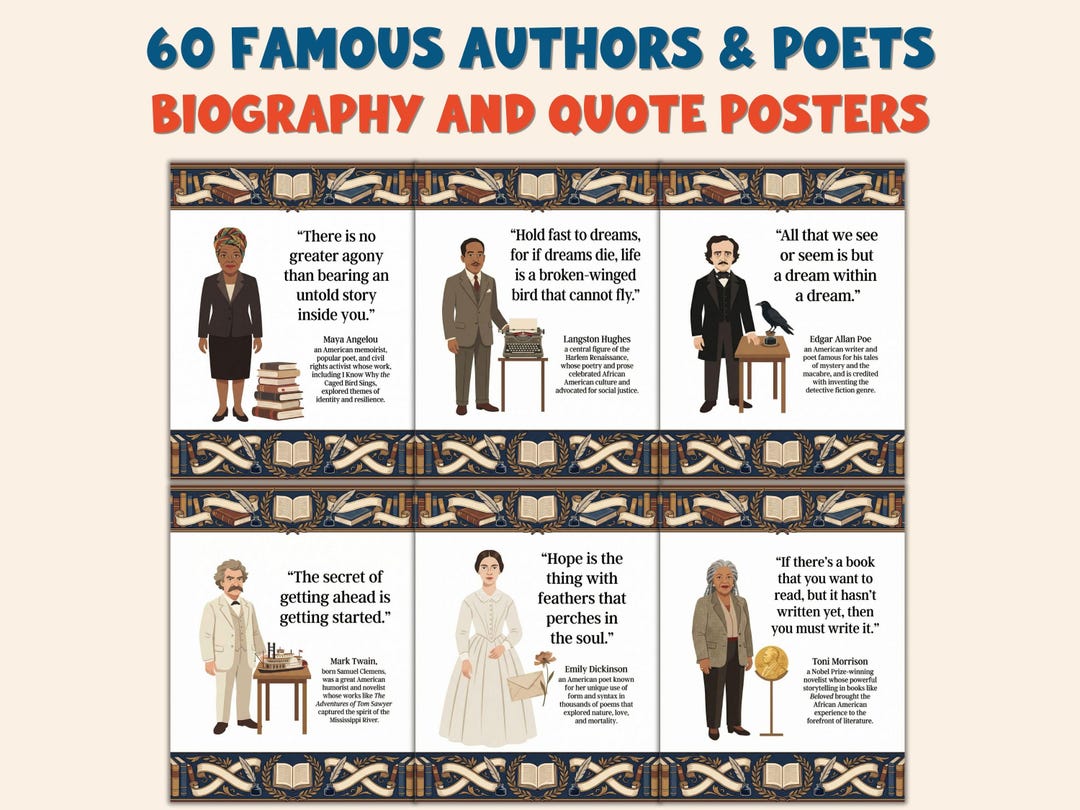 60 Famous Authors Posters Biography Quotes ELA Classroom Decor Poetry ...