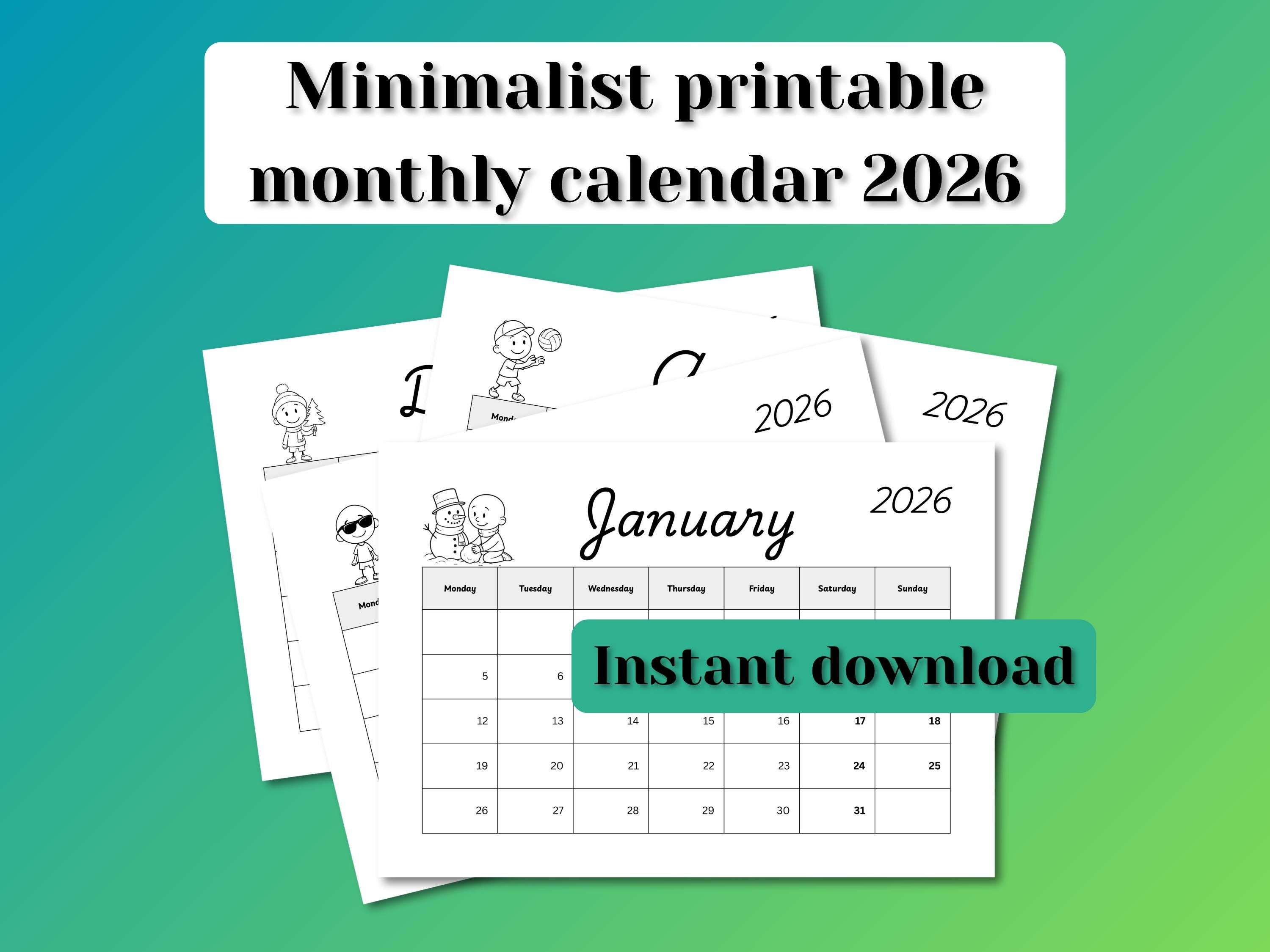 2026 Monthly Calendar, A4 Size, US Letter Size, Landscape Orientation ...