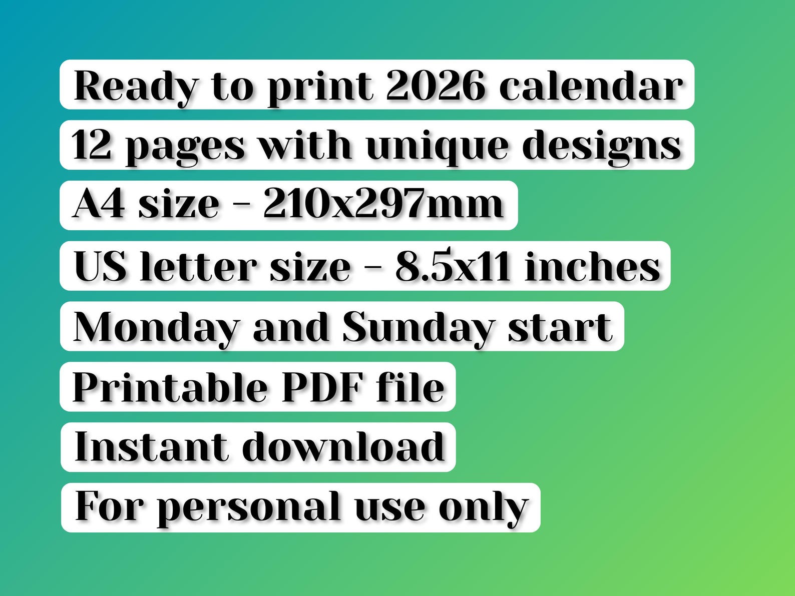 2026 Monthly Calendar, A4 Size, US Letter Size, Landscape Orientation ...