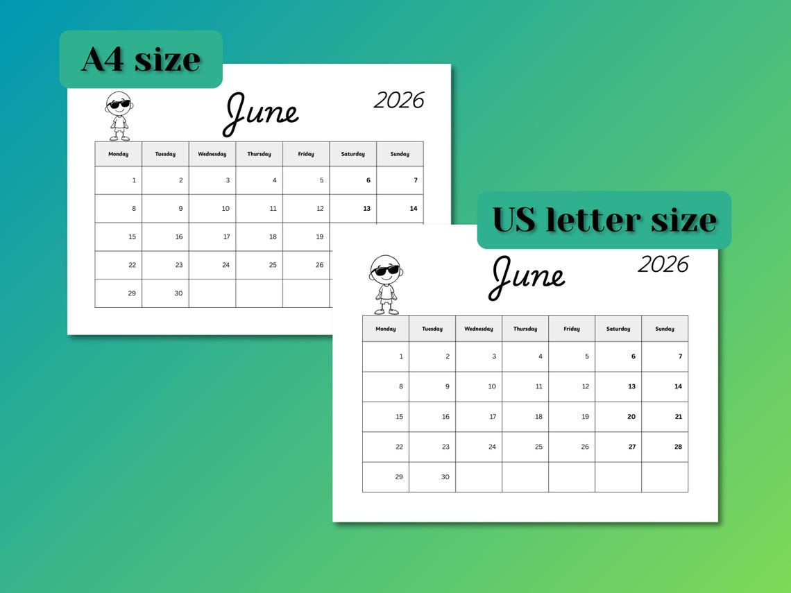 2026 Monthly Calendar, A4 Size, US Letter Size, Landscape Orientation ...