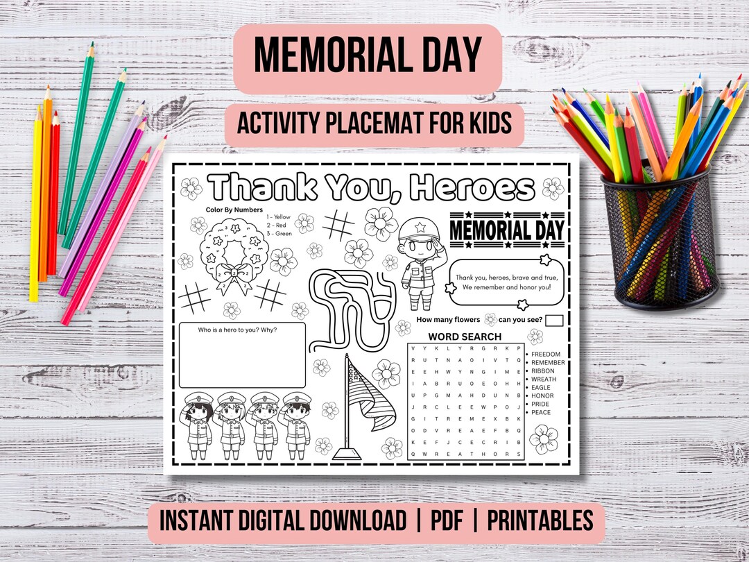 Thank You, Heroes Memorial Day Activity Placemat for Kids Classroom ...