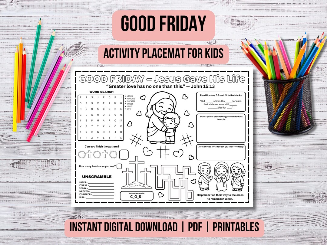 Good Friday Activity Placemat for Kids, Jesus Gave His Life Bible ...