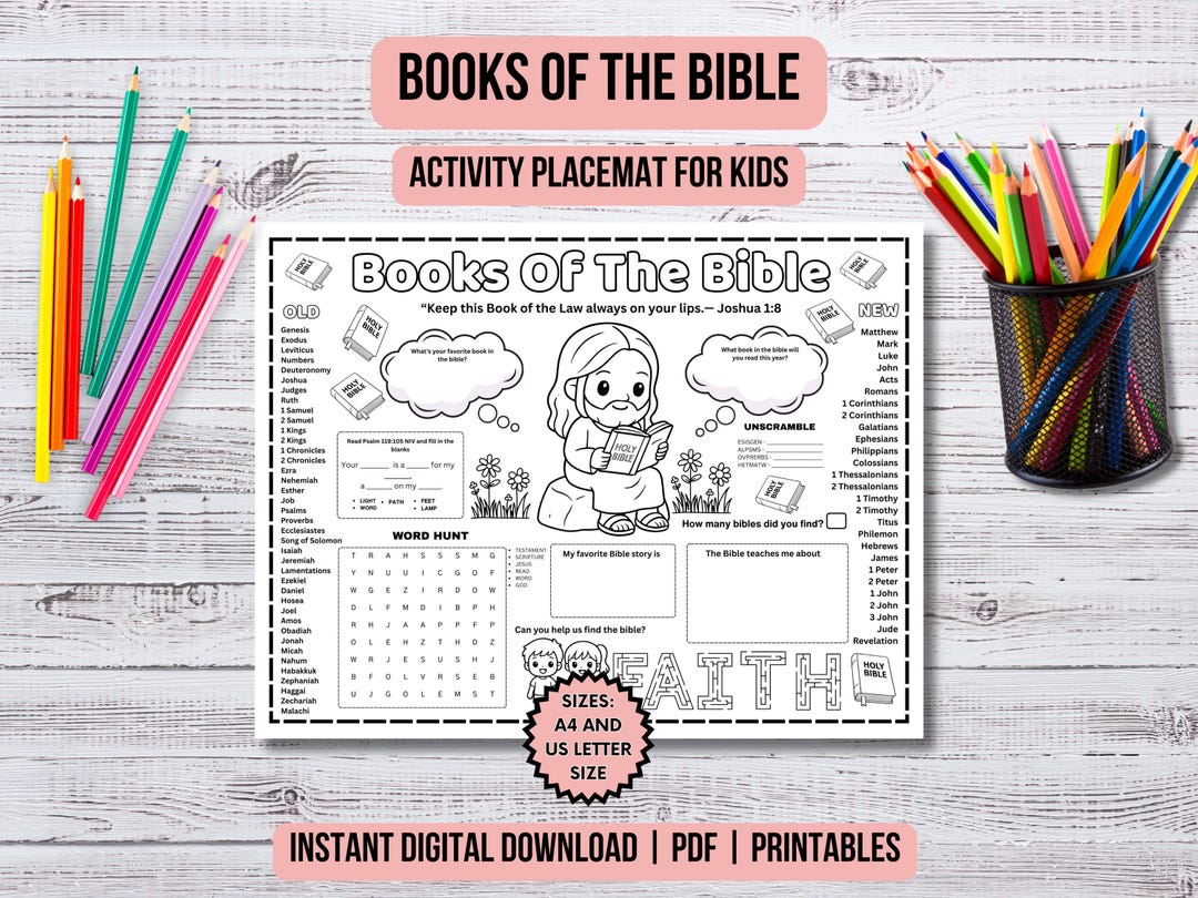 Books of the Bible Activity Placemat for Christian Kids Bible Verse ...