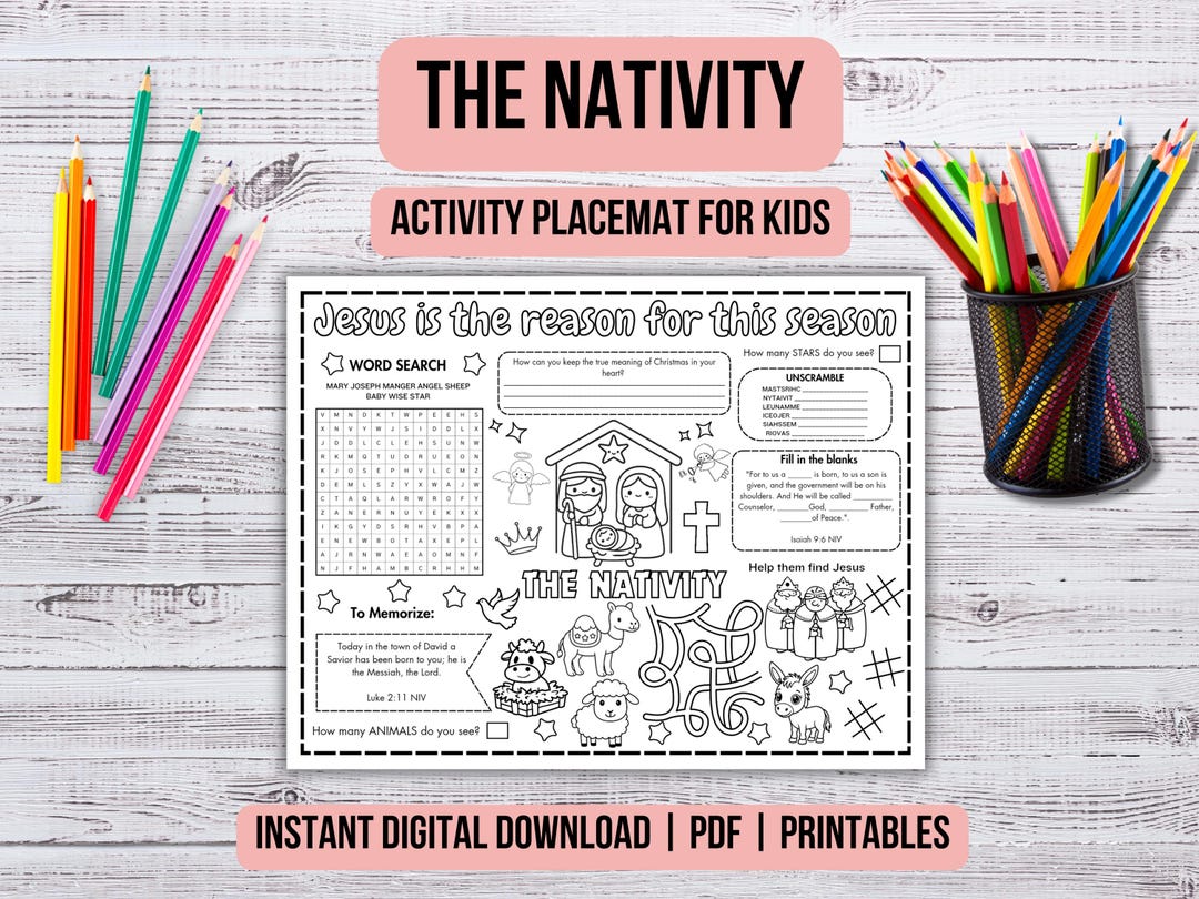 Nativity Activity Placemat Printable Christmas Coloring Page for Kids ...