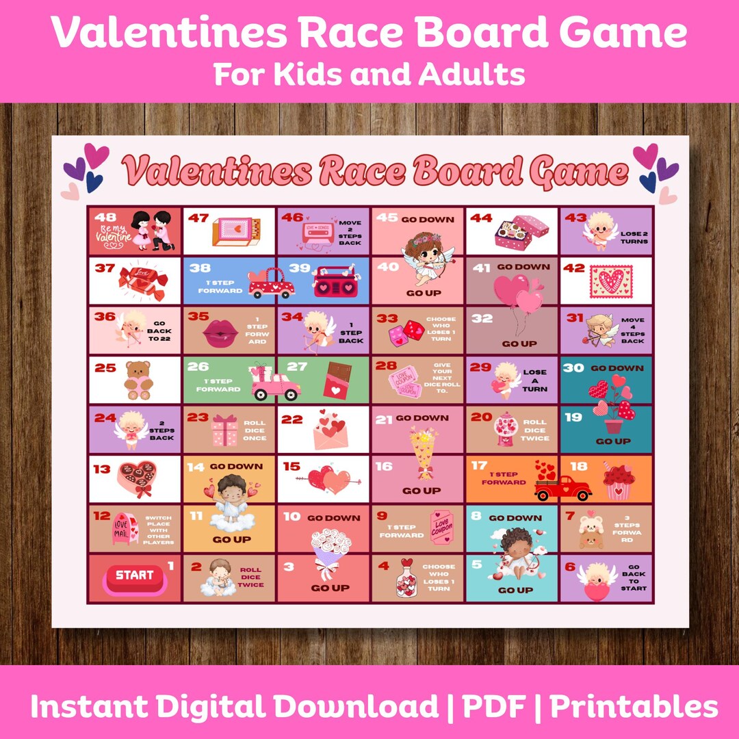 Valentine’s Day Board Game Printable | Love Race Snakes & Ladders Game ...