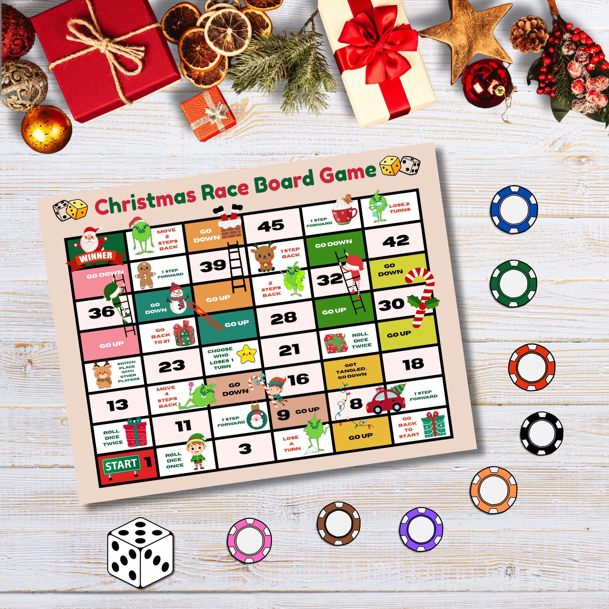 Christmas Race Printable Board Game, Kids Holiday Party Game, Snake ...