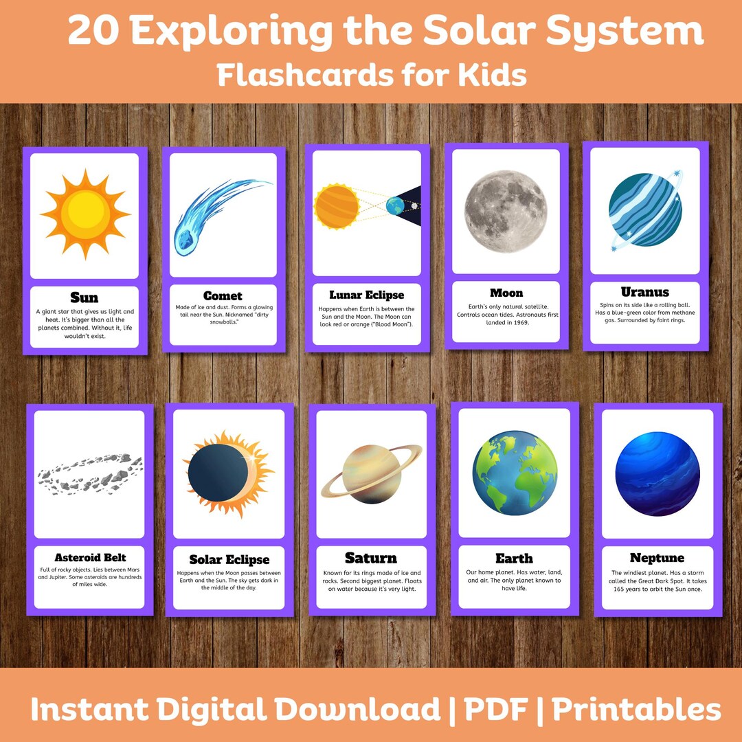20 Solar System Flashcards for Kids, Space Learning Cards With Planets ...